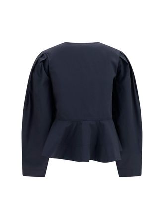 Ganni Womens Cotton Poplin Blouse With Bows Black Shirt