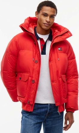 Tommy Jeans Logo Kapuzen-Pufferjacke in Scarlet Flare mit Relaxed Fit-ROT