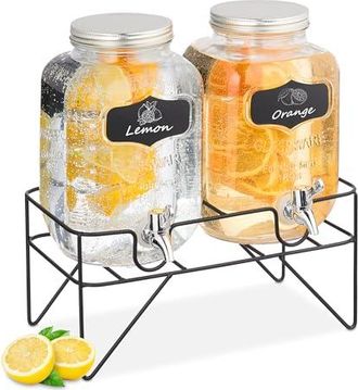 Relaxdays Getränkespender mit Ständer, 2 Limobehälter je 4L, Zapfhahn aus Kunststoff, Glas Wasserspender, transparent