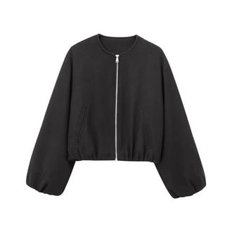 Generic Blouson aviateur r&eacute;tro doux for femme, col rond, manches longues, ourlet &eacute;lastique et fermeture &eacute;clair(Black,xs)