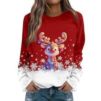 Generic Sweat-shirt graphique de Noël pour femme, pull festif à manches longues et col rond avec imprimé flocon de neige, renne et Père Noël, pull de Noël pou