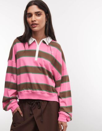 Nike polo &agrave; manches longues ray&eacute; rose et marron