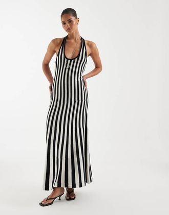 Asos Robe pliss&eacute;e longue en maille &agrave; rayures - Noir et blanc-multicolore