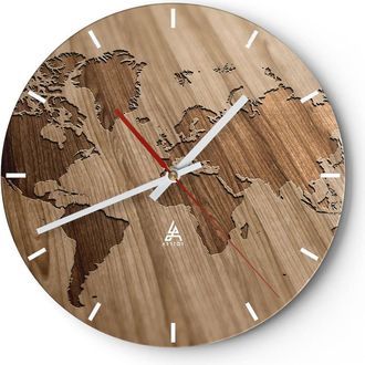 Arttor Modern Wanduhr Geographie Globus Karte 30x30cm Rund Klein Wand Uhr Glas Analog Zimmeruhren Küche Büro Wohnzimmer Glasuhr Wall Clock Dekoration Design 