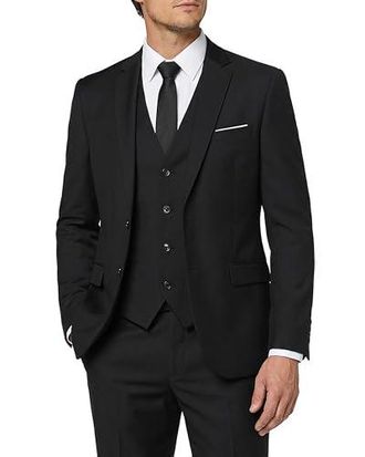 Mys Costume 3 pi&egrave;ces pour Homme, Blazer &agrave; 2 Boutons, Gilet et Pantalon avec Cravate, Coupe ajust&eacute;e, Couleur Unie, pour Les Mariages, Noir, Taille L