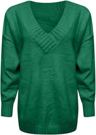 Generic Pull en tricot uni côtelé à col en V pour femme, pull basique de loisirs pour femme, coupe décontractée, chandail dautomne et dhiver, léger et confort