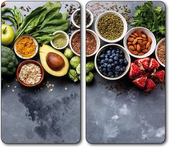KESPER | Multi-Glasschneideplatte 2er Pack | Material: Glas | Ma&szlig;e: 52 x 30 x 0.5 cm | Motiv: Healthy Kitchen | Herdabdeckung f&uuml;r alle Herdarten | ideale Her