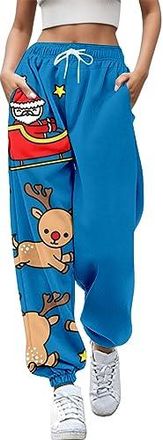 Generic Pantalon de costume de Noël amusant pour femme, imprimé de Noël taille haute avec motifs renne et bonhomme de neige, pantalon de survêtement ample à t