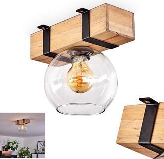 HOFSTEIN Deckenleuchte Montgomery, Deckenlampe aus Metall/Holz/Glas in Schwarz/Natur/Klar, skandinavischen Design mit Holzbalken und Schirm aus Glas (Ø 15 cm),