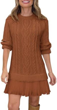 TOMWELL Robe Pull Femme Col Rond Mini Robe Couleur Unie Chic et Elegant Robe en épissure A Marron 3XL