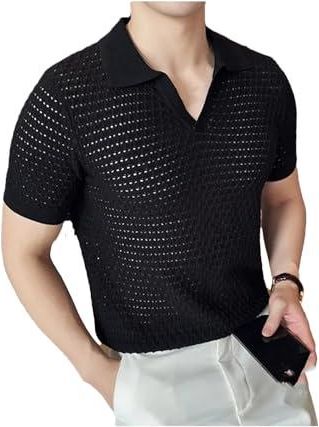 Generic T-Shirt À Manches Courtes Et Col en V pour Hommes Léger Fin Et Creux Couleur Unie Décontracté Vêtements Tricotés Black M