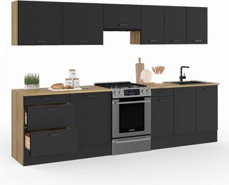 IDMarket Komplette K&uuml;che, 300 cm, subtil mit Arbeitsplatte, 9 Elemente, Holz und Schwarz