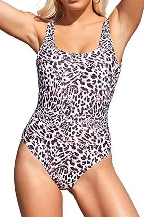 SHEKINI Maillot de Bain Femme 1 Piece Large Bretelles Ventre Contrôle Amincissante Beachwear Dos Nu Grande Taille Monokini Body Guide de Plage(Imprimé Léopard