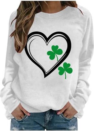 Generic Sweat-shirt de la Saint-Patrick pour femmes 2026 dr&ocirc;le col rond tr&egrave;fle imprim&eacute; pull printemps confortable &agrave; manches longues, blanc, M