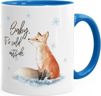 Autiga Tasse Weihnachten Baby its cold outside Spruch Fuchs Winter Schnee Fox Weihnachtsbecher Weihnachtstasse blau unisize
