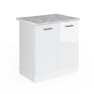 Vicco Meuble Bas sous-&eacute;vier R-Line, Blanc Haute Brillance/Blanc, 80 cm, PT Marbre