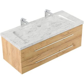 Magnolia Home Badm&ouml;bel Marmor Carrara White Damo 130 cm 2 Hahnl&ouml;cher SoftClose eiche gold