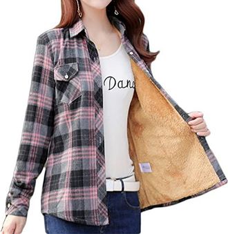 Minetom Chemise à Carreaux à Manches Longues Veste Blouse Décontractée Chaud Doublure en Velours Automne Hiver Veste Shirt Style N Rose 44