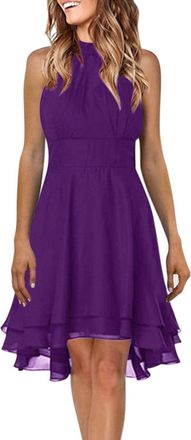 Generic Partykleid Damen Ärmellos Sexy Halter Schulterfrei Chiffon Kleid Hohe Taille Kurz Abendkleid Einfarbig Tunika A-Linie Kleid Elegant Cocktailkleid Silv