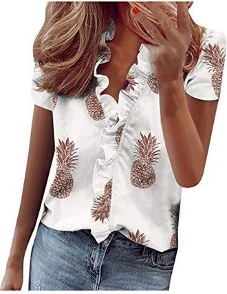 Generic Chemisier d&eacute;t&eacute; &agrave; manches courtes et col en V pour femme - Style d&eacute;contract&eacute; - Haut &agrave; volants - Manches imprim&eacute;es, caf&eacute;, XXL