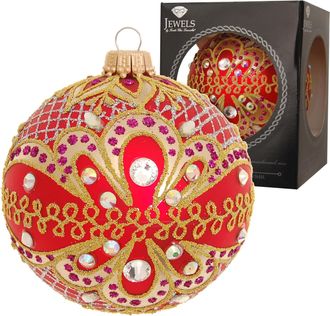 Krebs Glas Lauscha Weihnachtsdekoration/Christbaumschmuck aus Glas - Weihnachtskugeln - Farbe: Rot - verziert mit Strasssteinen - Gr&ouml;&szlig;e: 8 cm