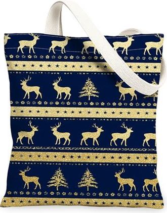 Generic Sac fourre-tout en toile motif cerf bleu marine, motif animal doré, sac dépicerie réutilisable, vintage, léger, lavable avec bandoulière, bleu marine,
