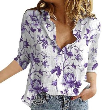 Generic Chemises &agrave; manches longues en coton et lin pour femme - Hauts d&eacute;t&eacute; boh&egrave;me pour femmes - T-shirts unis Linentops pour sorties, chemisiers, taille 48, t