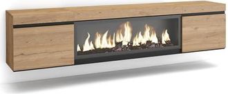 Skraut Home | TV-Schrank, Lowboard | f&uuml;r Wohnzimmer und Esszimmer | 210 | F&uuml;r TV-Ger&auml;te bis zu 80 | Elektrokamin XXL | H&auml;ngend | Moderner Stil | Eiche