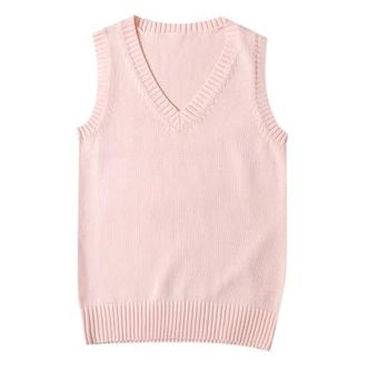 Generic Pull Femme Gilet sans Manches en Maille Pull Classique décontracté à col V Gilet Style Uniforme Universitaire Britannique Couleur Unie