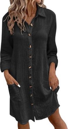 TOMWELL Robe Cotton en Line Ete Grande Taille Robe R&eacute;tro Mini Robe L&acirc;che Couleur Unie Manches Courtes Chemise Boutons Lin Robe C Noir XS