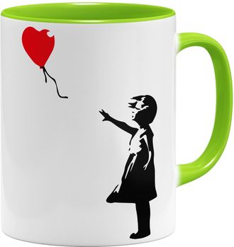 OM3 Banksy Kaffee-Tasse mit Balloon Girl - Street Art Graffiti Stencil - Keramik Becher - 325ml - Beidseitig Bedruckt - Hellgr&uuml;n