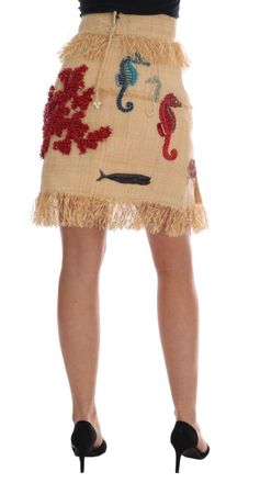 Dolce & Gabbana Womens Crystal Beige Palm Fiber Skirt