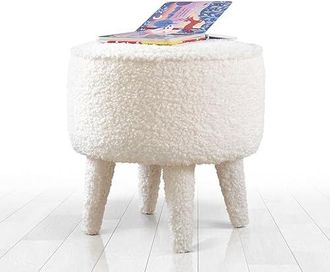 Atelier Del Sofa Stylish White Pouffe with 100% Faux Fur, Wooden Legs, 6 cm Orthopedic Sponge, 38 cm Diameter, 37 cm Height | Modern Scandinavian Design for Home Decor