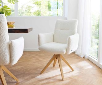 DELIFE Drehstuhl Jova-Flex mit Armlehnen Boucl&eacute; Wei&szlig; Holzgestell kantig Natur 180&deg; drehbar Taschenfederkern, Esszimmerst&uuml;hle