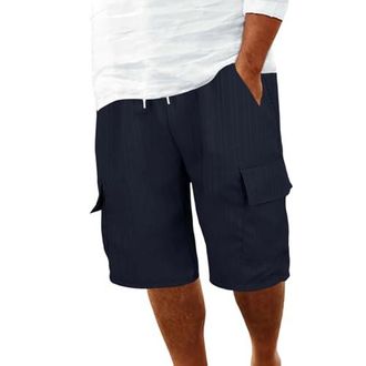 Generic Short d&eacute;t&eacute; en lin pour homme - Avec grandes poches - Couleur unie - Ray&eacute; - Sport - Short d&eacute;t&eacute; l&eacute;ger - Coupe ample - Short de loisirs, Marine, XXL