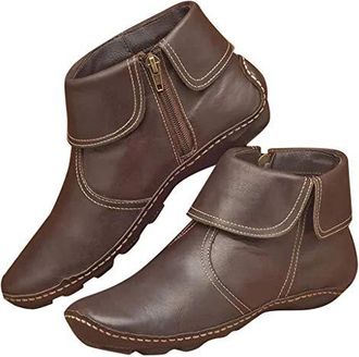 Generic Bottines compensées larges pour femme - Bout rond - Talon bas - Fermeture éclair latérale - Bottes nues en cuir imperméable à talon bas - Bottes court