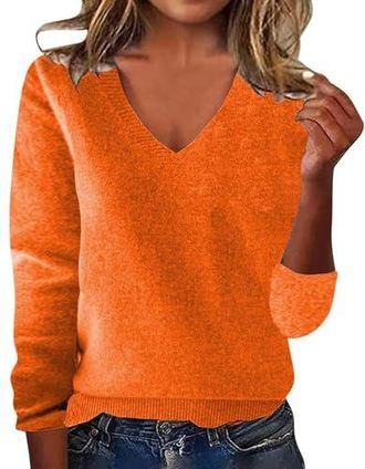 Generic Pulls en cachemire confortables pour femmes, col en V, automne 2025, d&eacute;contract&eacute;s, classiques, coupe ajust&eacute;e, pull basique, l&eacute;ger, chaud, Orange, XXL