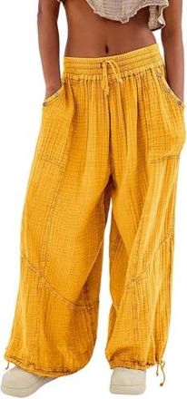 Generic Pantalon cargo baggy noir pour femme - Pantalon de surv&ecirc;tement ample taille haute en coton avec plusieurs poches, jambe large d&eacute;contract&eacute;e, jaune, 3XL
