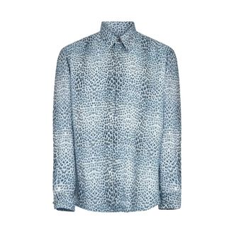 Roberto Cavalli Homme, Chemises, Bleu, Taille: XL Chemise en soie avec imprim&eacute; de b&eacute;b&eacute; jaguar