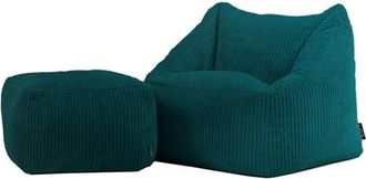 Icon Brand Natalia Sitzsack Kinder mit Hocker, Blaugr&uuml;n, Flauschiger Cord Stoff, Sitzsack Cord mit F&uuml;llung, Bequemer Kinder Sessel, Kuschelsessel, Lese Sessel, S