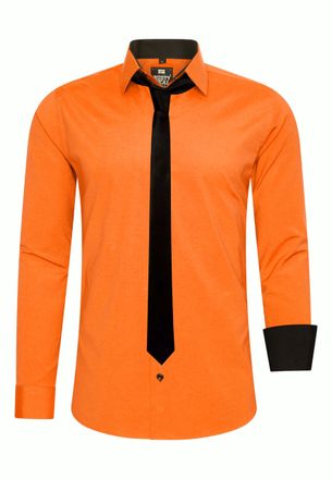 Rusty Neal Herren-Hemd Premium Slim Fit Langarm Stretch Kontrast Hemd mit Krawatte Business-Hemden Outfit Freizeithemd Set 44_99, Gr&ouml;&szlig;e:M, Farbe:Orange