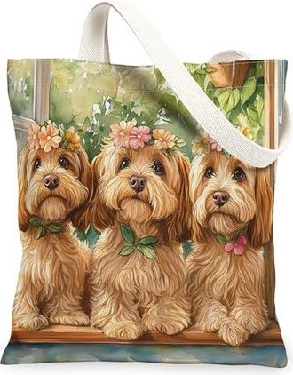 Generic Sac fourre-tout en toile motif chien cockapoo printanier 33 x 38,1 cm, sac r&eacute;utilisable &agrave; motif imprim&eacute; de plantes en pot pour femme, animal de compag
