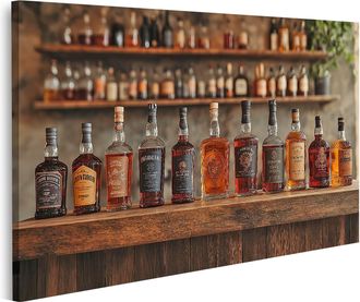 Islandburner Prime Bild auf Leinwand Eine Auswahl von Whiskeyflaschen auf hölzerner Theke im Whiskyregal Bilder Wandbilder Poster