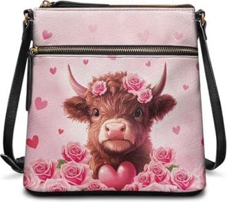 Coloranimal Sac &agrave; bandouli&egrave;re pour femme en cuir synth&eacute;tique l&eacute;ger avec sangle r&eacute;glable, Pink Rose Love Cattle