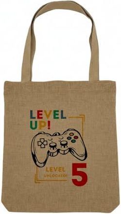 Fabulous Sac Shopping Tote Bag Aspect Lin - Level Up! Unlocked 5 Anniversaire Celebration Enfant Cadeau Jeux Video Anglais - Sac de Courses Toile Epaisse 360g 