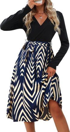 Cupshe Damen Herbst Kleid V Ausschnitt Langarm Bindegürtel A Linie Leopardenmuster Partykleid Freizeitkleider Midi Skater Dress Königsblau Geo XL