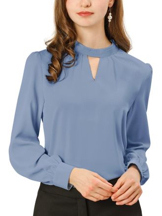 Allegra K Damen B&uuml;ro Oberteil Langarm V-Ausschnitt Stehkragen Cut Out Elegante Top Bluse Dunkelblau 3XL