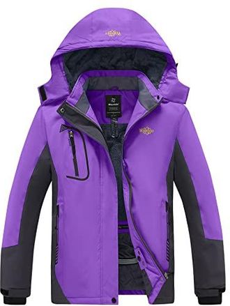 Wantdo Femme Veste de Ski Outdoor Veste Imperméable Coupe-Vent Manteau dhiver Chaud avec Capuche Amovible Veste Randonnée pour Voyage Violet L