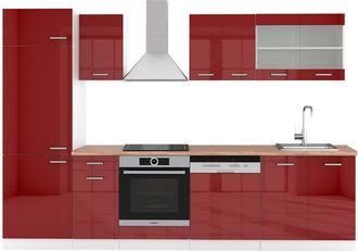 Vicco K&uuml;chenzeile R-Line, Rot Hochglanz/Wei&szlig;, 300 cm, AP Eiche