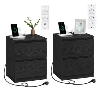 Vasagle Kailyn Kollektion - Nachttisch mit Steckdosenleiste, 2er Set, Beistelltisch 2 Schubladen, 2 AC-Steckdosen, 2 USB-A-Anschl&uuml;sse, f&uuml;r Schlafzimmer, ebenh
